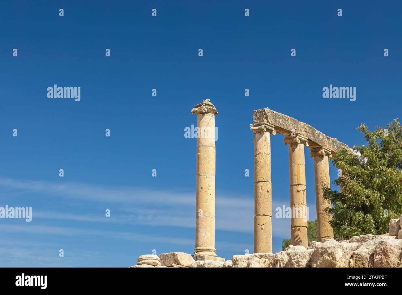 Columns at Jerash archaeological site in Jerash. Jordan. There is ...