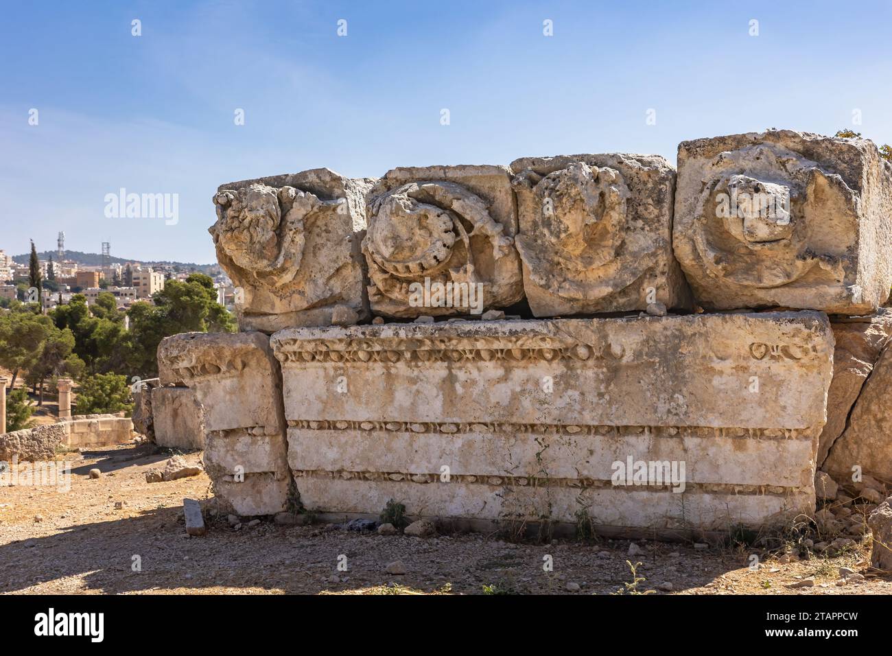 Detail of preserved monuments at the archaeological site in Jerash ...