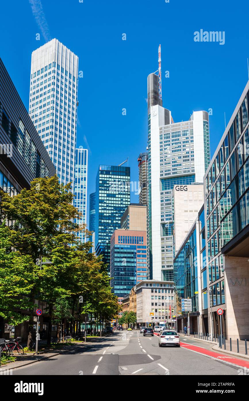 Skyscrapers in Frankfurt banking district, from left to right ...