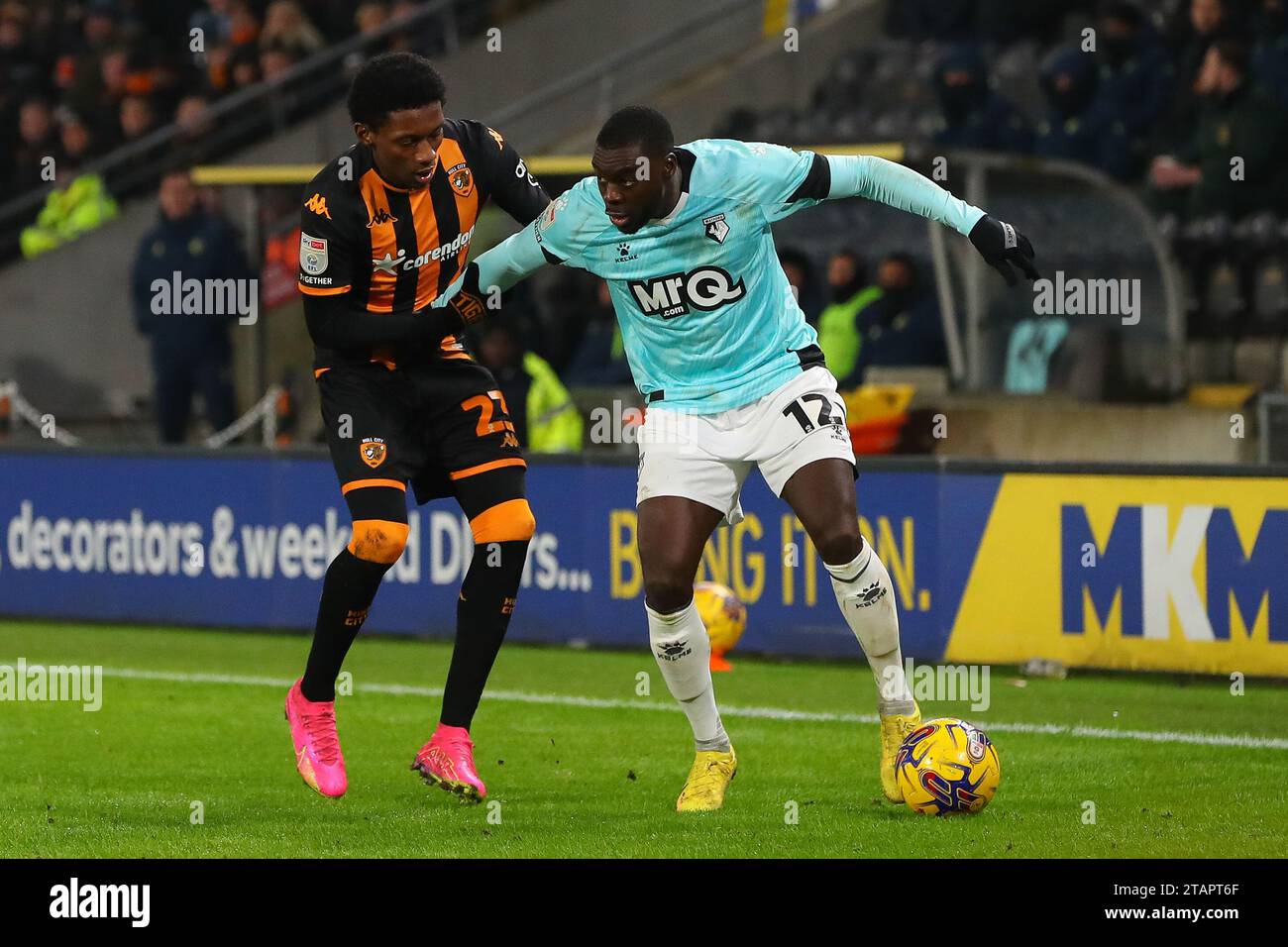 Ken Sema of Watford holds off pressure from Jaden Philogene of Hull ...