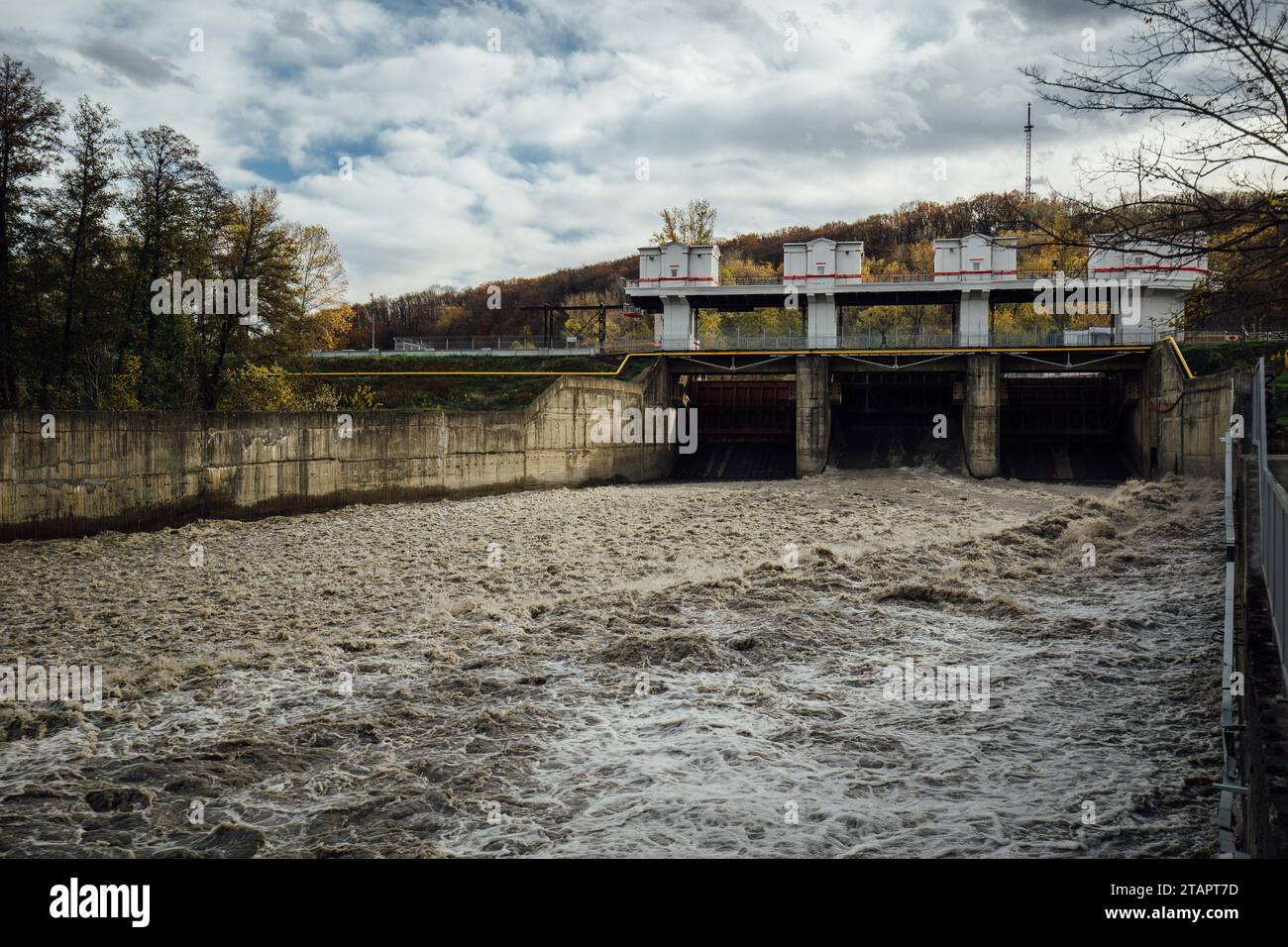 Spillway in Maykop dam, dirty water in river Stock Photo - Alamy