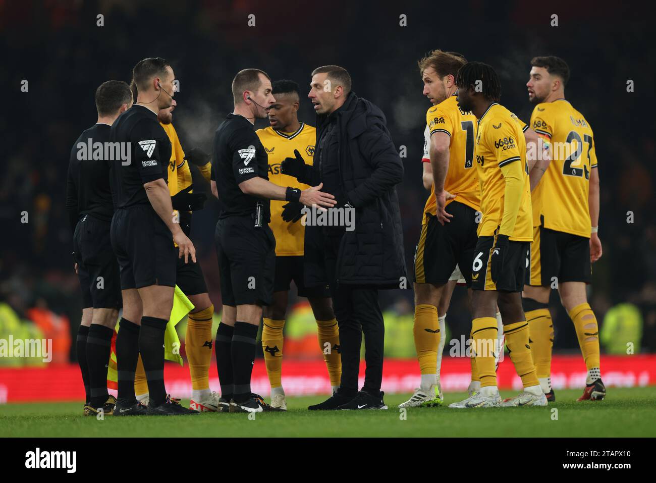 London, UK. 02nd Dec, 2023. Gary O'Neill (Wolves manager) speaks to ...