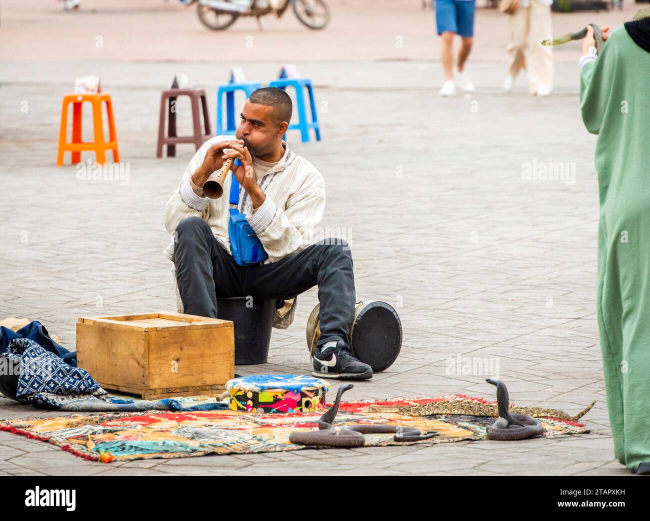 Marrakech, Morocco, April 8th, 2023. A Moroccan male snake charmer ...