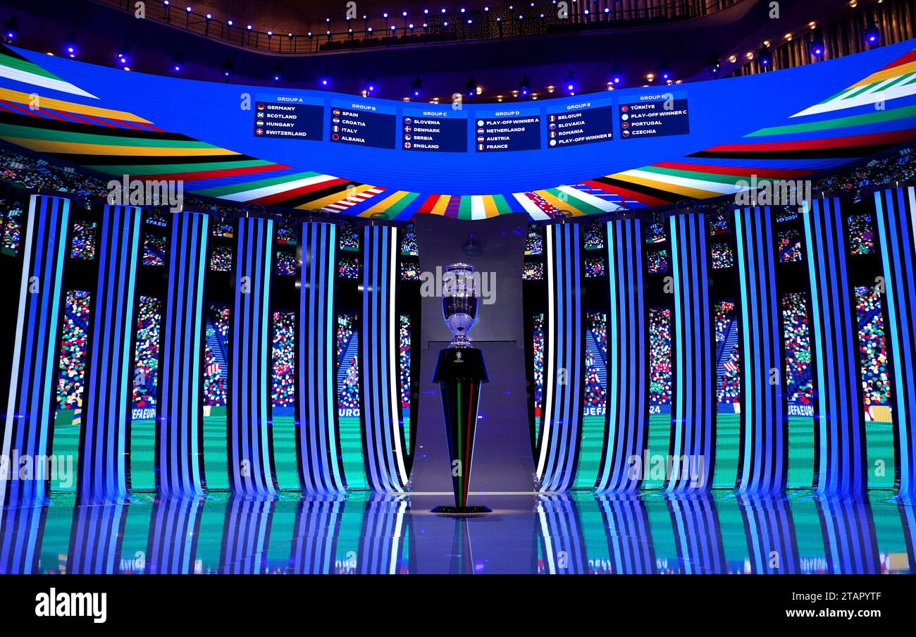 General view of the official trophy with the final groups shown on the ...