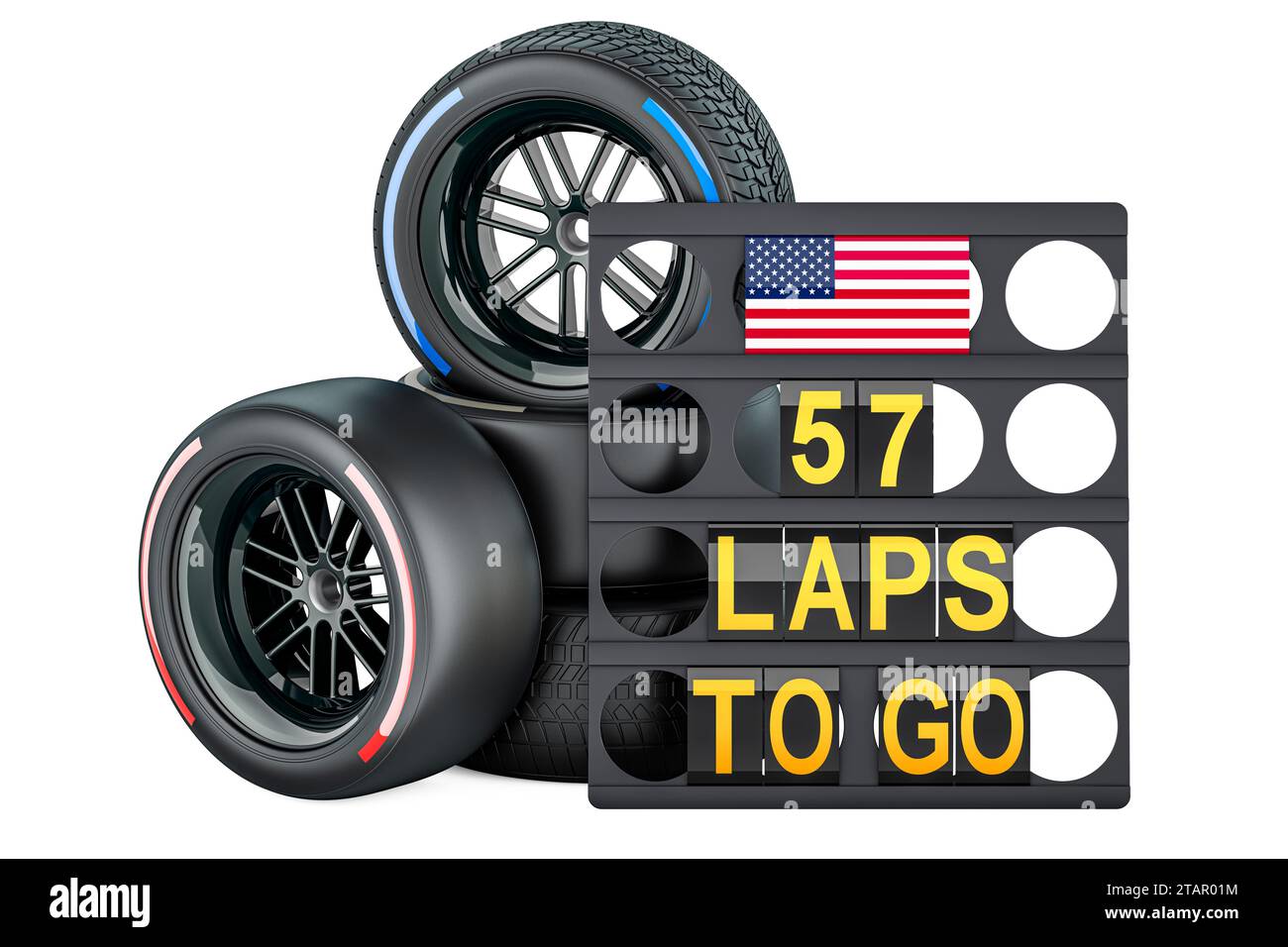 American racing, pit board with flag of the USA and racing wheels with ...
