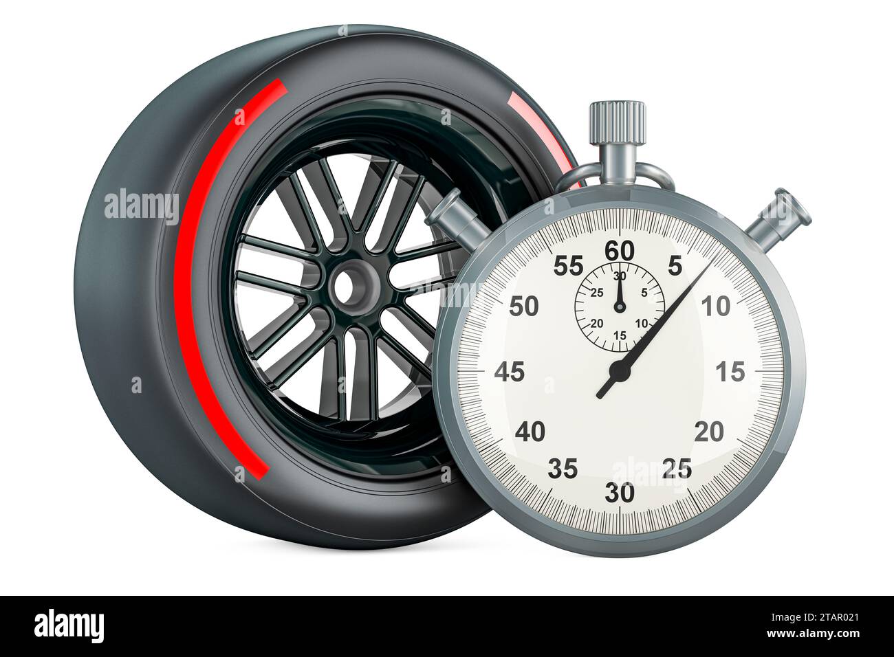 Stopwatch with racing wheel red soft, compound type tyre. 3D rendering ...
