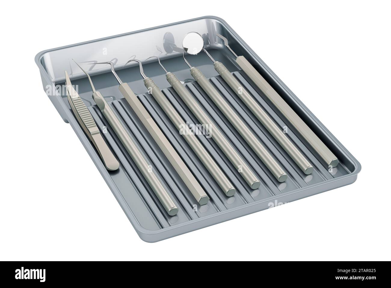 Set of dental instruments in metallic tray, 3D rendering isolated on ...