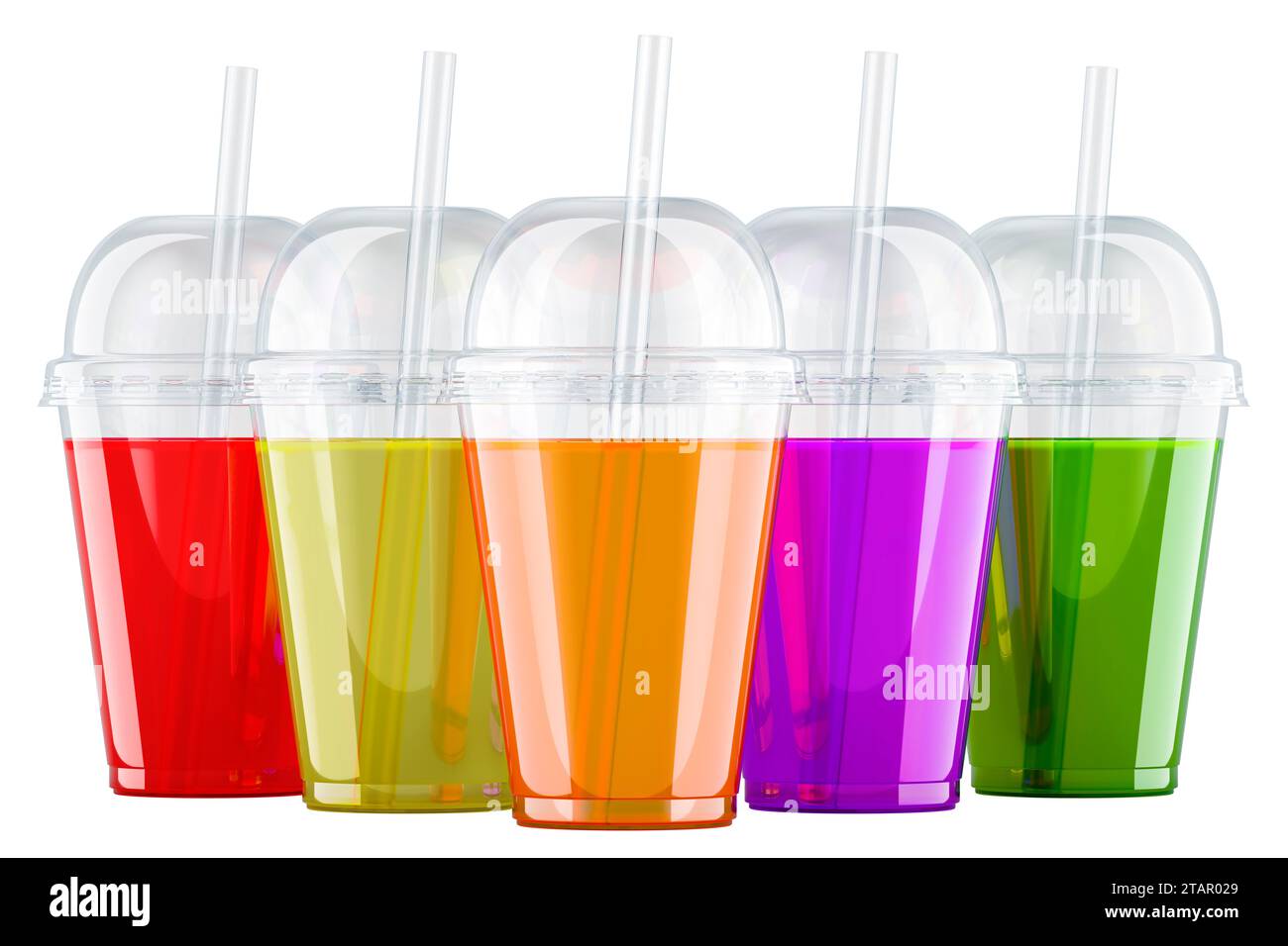 Set of colored drinks. Plastic transparent disposable cups with colored ...