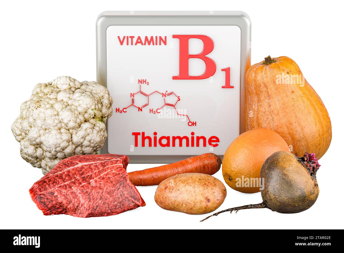 Products containing vitamins B1, Thiamin. 3D rendering isolated on ...