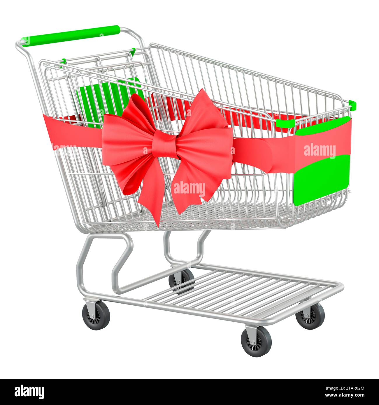 Shopping cart with red bow and ribbon, 3D rendering isolated on white ...