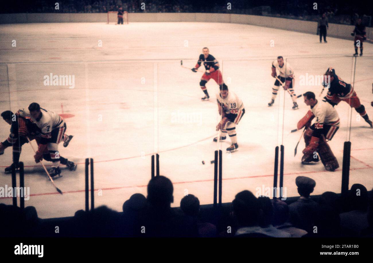 NEW YORK, NY - 1958: Doug Barkley #19 of the Chicago Blackhawks skates ...