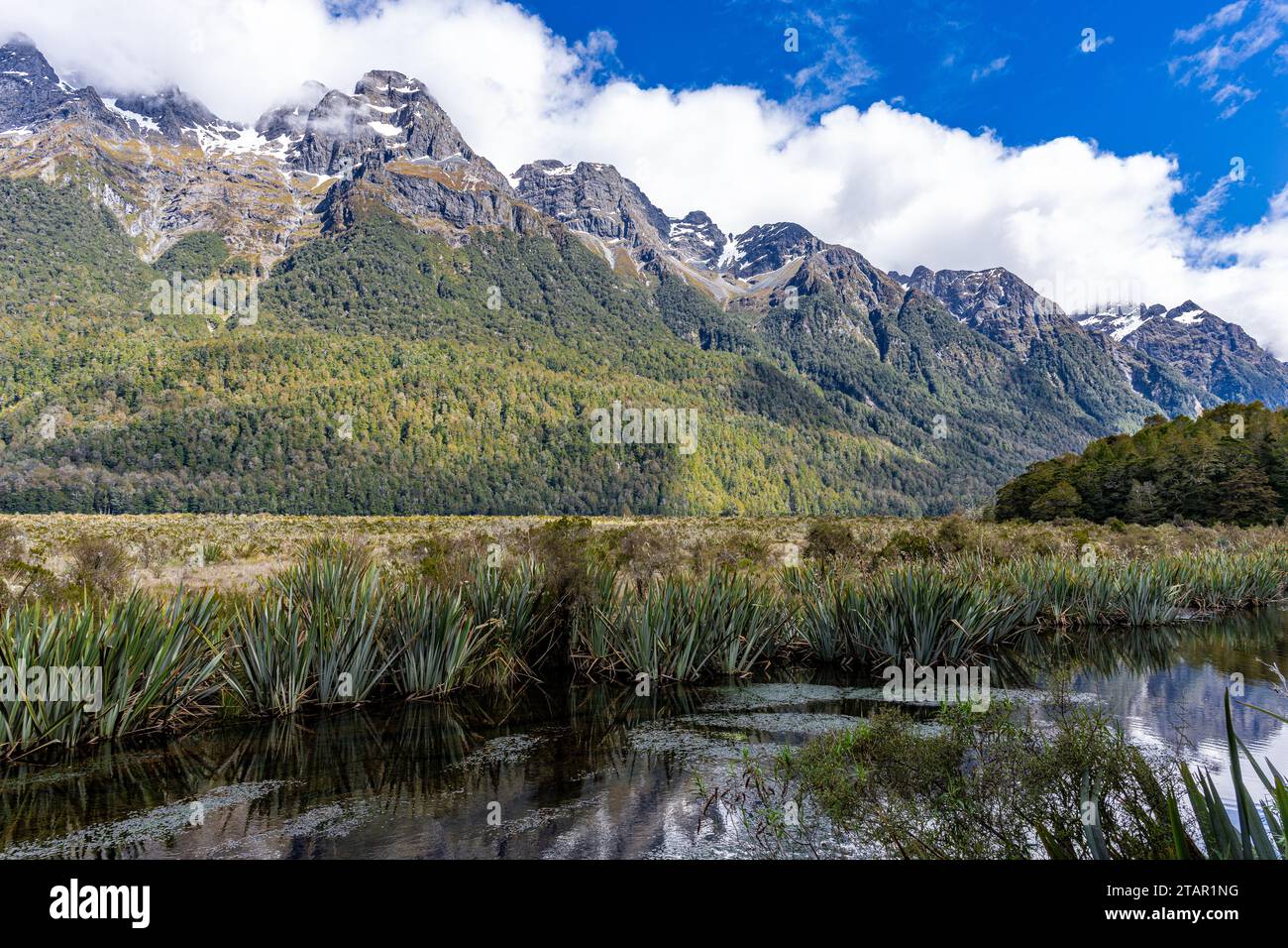 Beautiful blue sky and the Southern Alps reflected in Mirror lakes ...