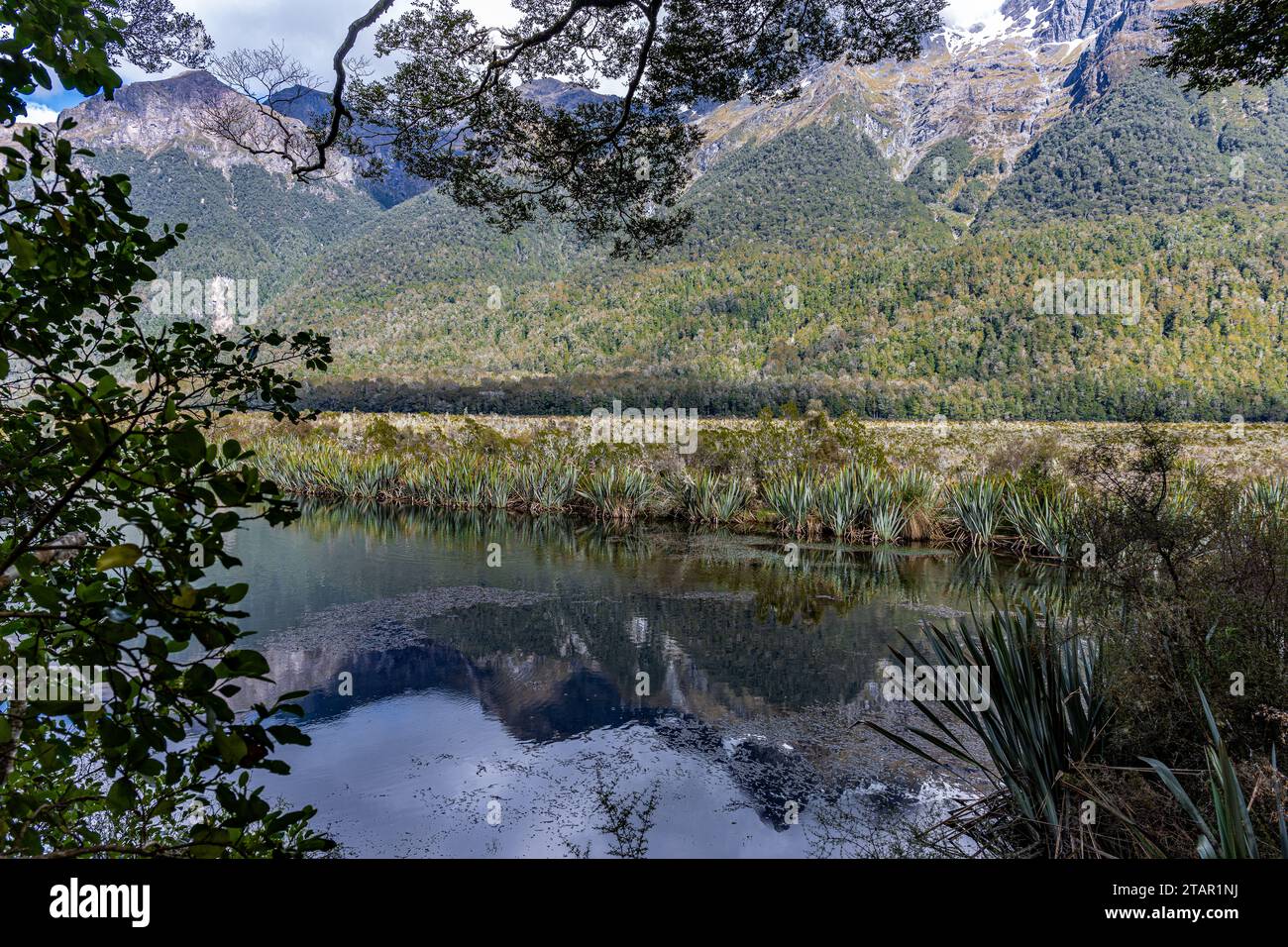 Beautiful blue sky and the Southern Alps reflected in Mirror lakes ...