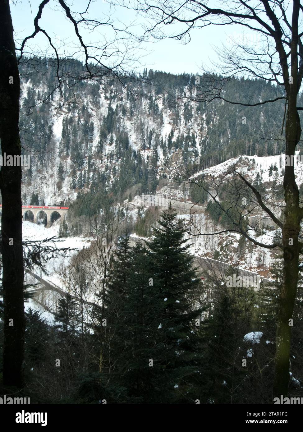 View from the Bister waterfall to the hairpin bends of the main road ...