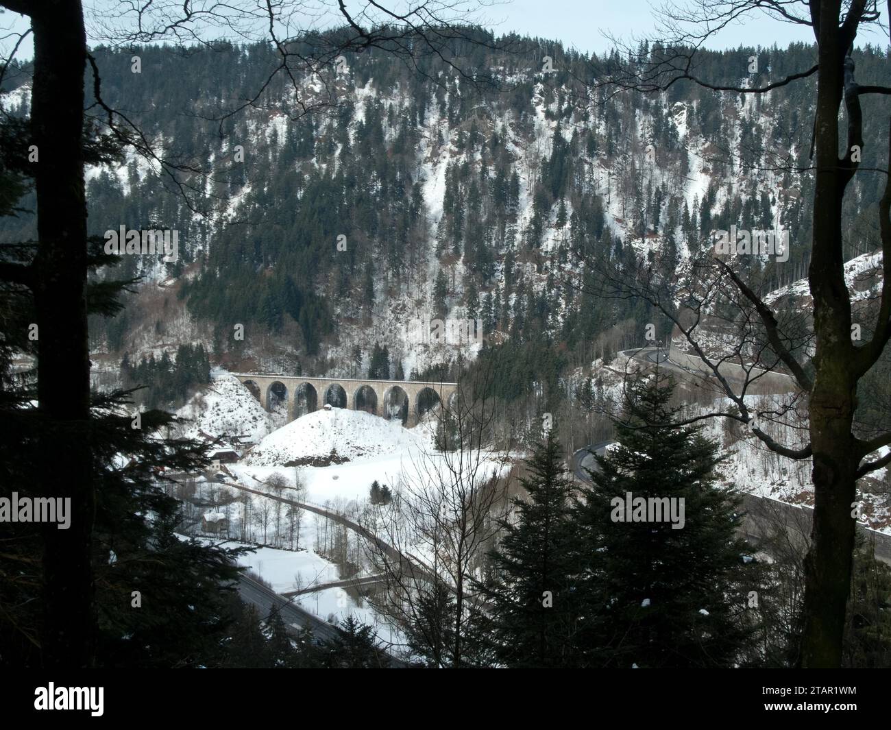View from the Bister waterfall to the hairpin bends of the main road ...