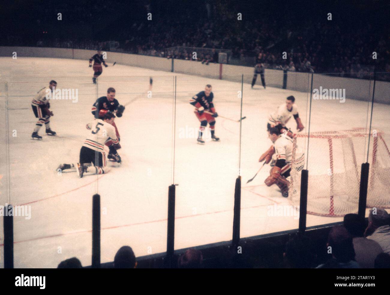 NEW YORK, NY - 1958: Jimmy Thomson #5 of the Chicago Blackhawks tries ...