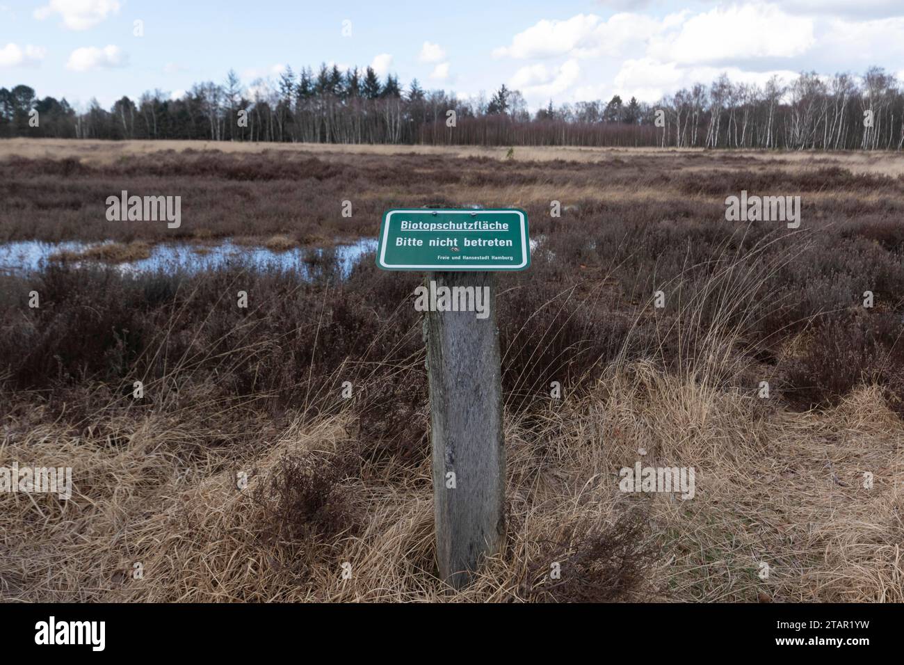Biotope protection area sign in front of the wet meadows in the ...
