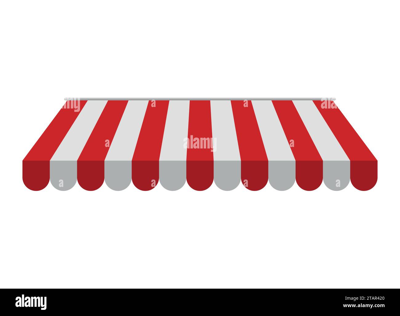 Awning isolated on white background. Striped red and white sunshade for shops, cafes and street ...
