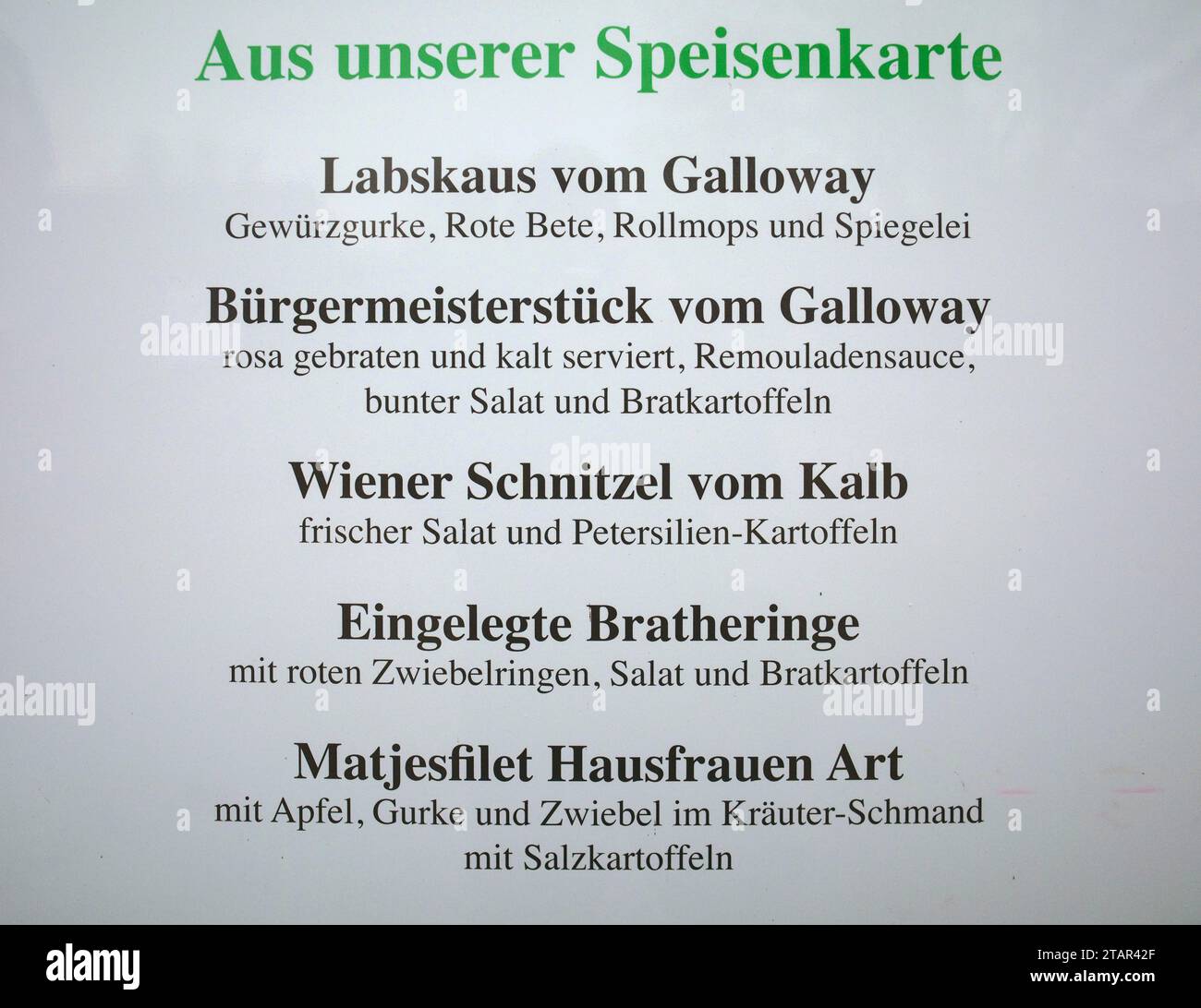 Typical menu, Labskaus, Galloway beef, fried herring, matjes fillet ...