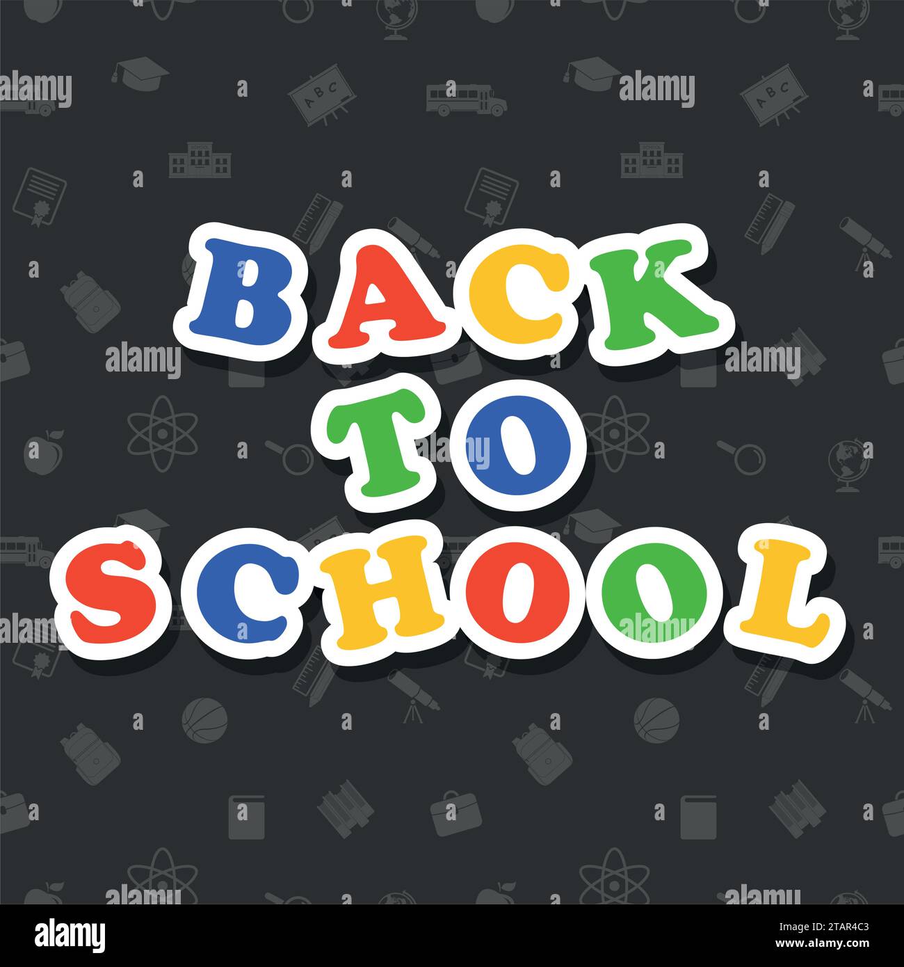 Back to school colorful text on dark background with icons. Vector ...