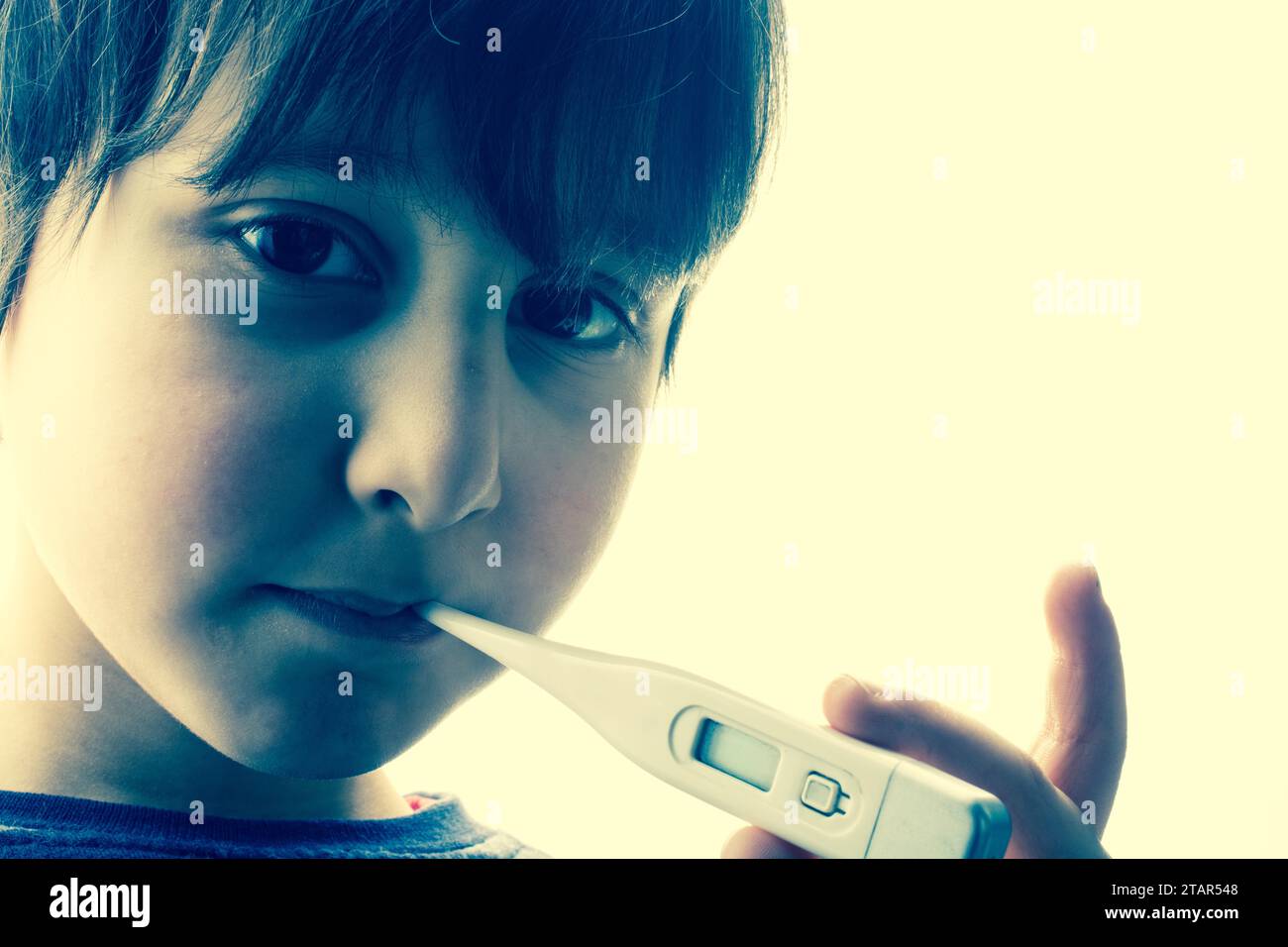 Measuring Fever temperature. Child with thermometer. World pandemic ...