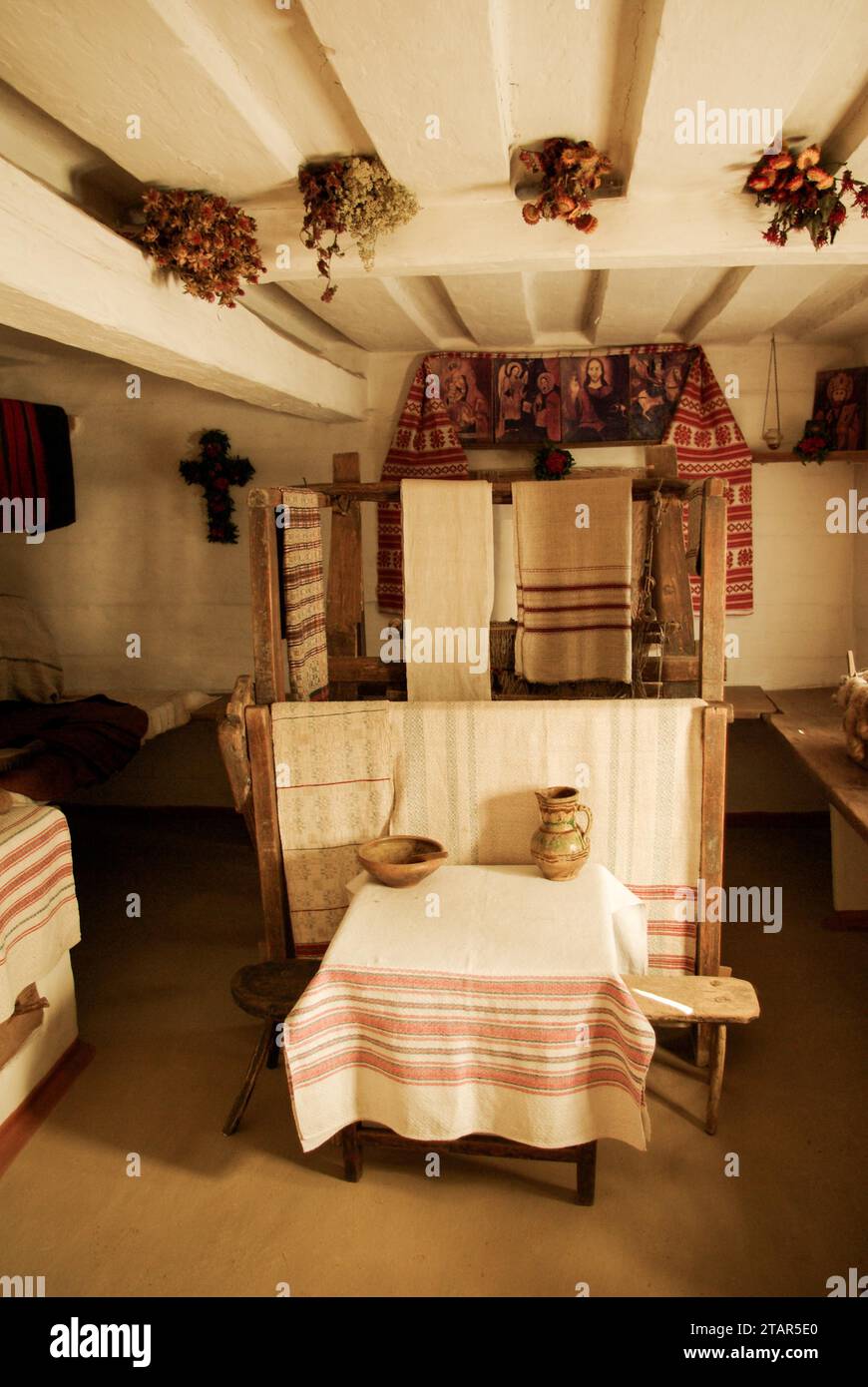 Interior of old ukrainian home in rural life Pirogovo, Kiev, Ukraine ...