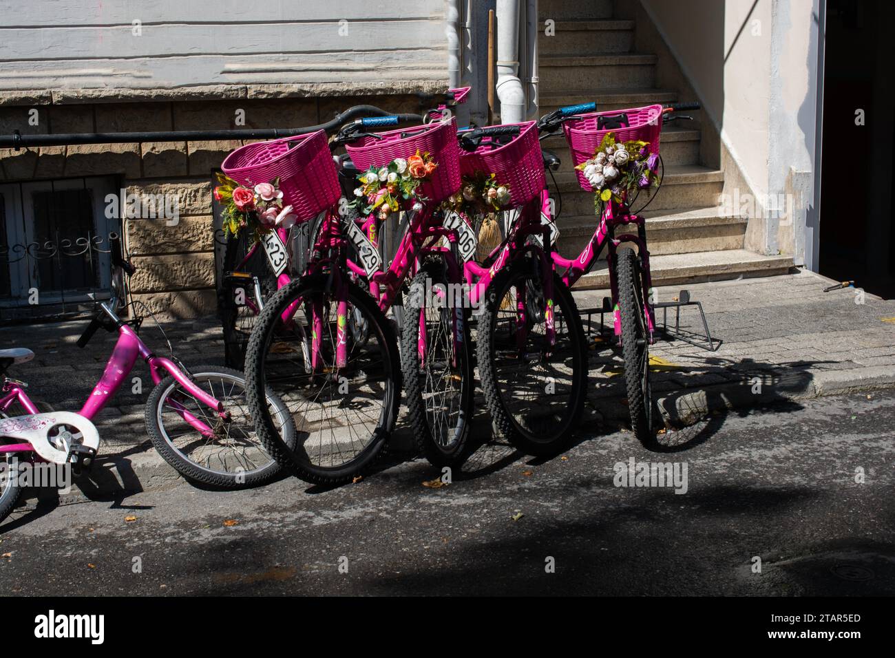 Decorative pink bicycles Equipped Basket and Flowers Stock Photo - Alamy
