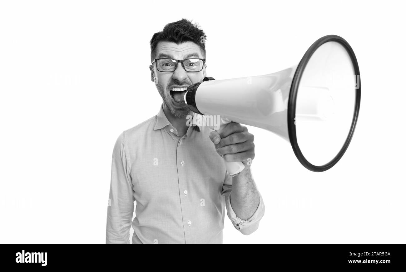 man with megaphone isolated on white background. man with megaphone ...