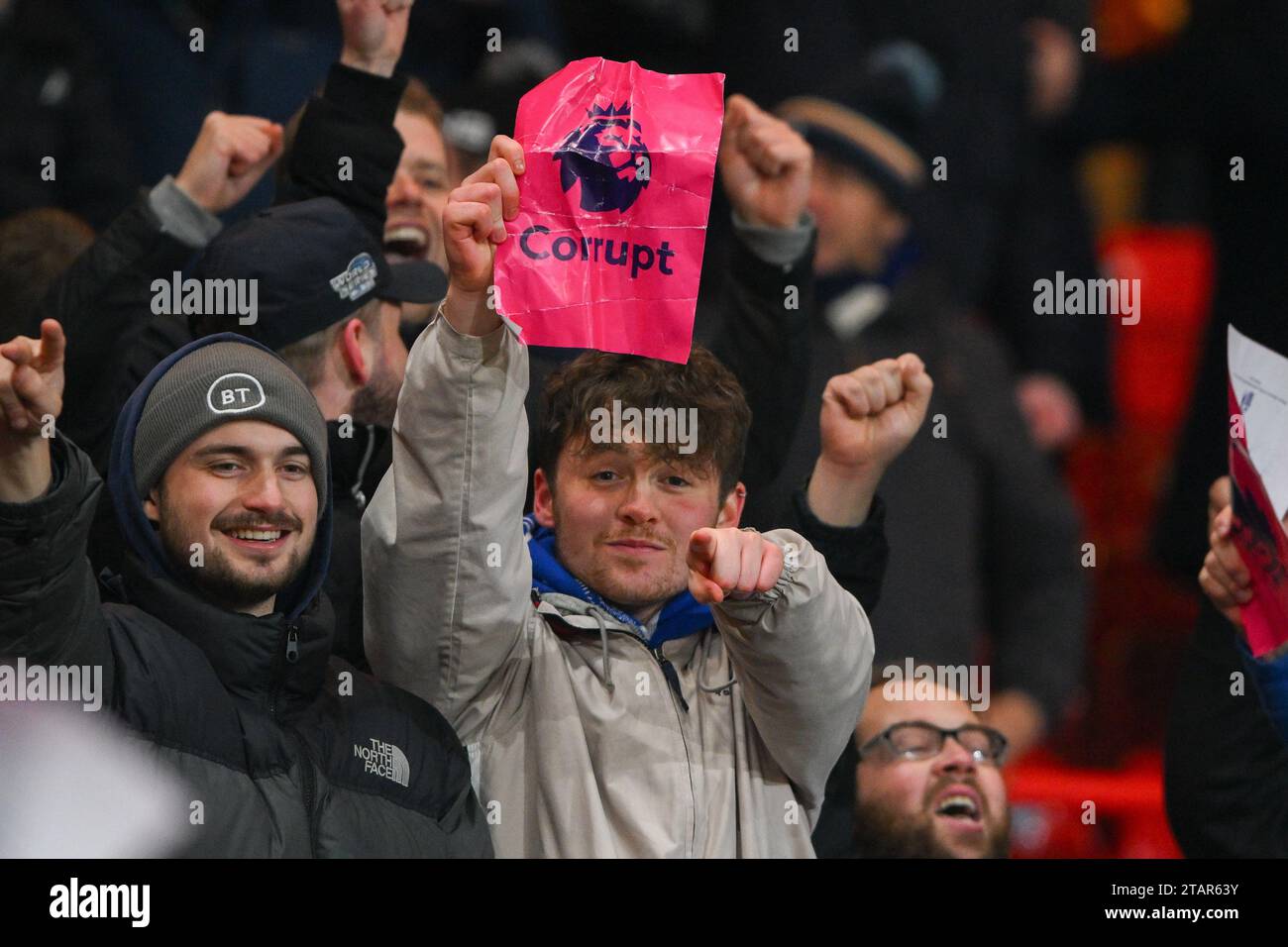 Everton supporter hold up Corrupt sign during the Premier League match ...