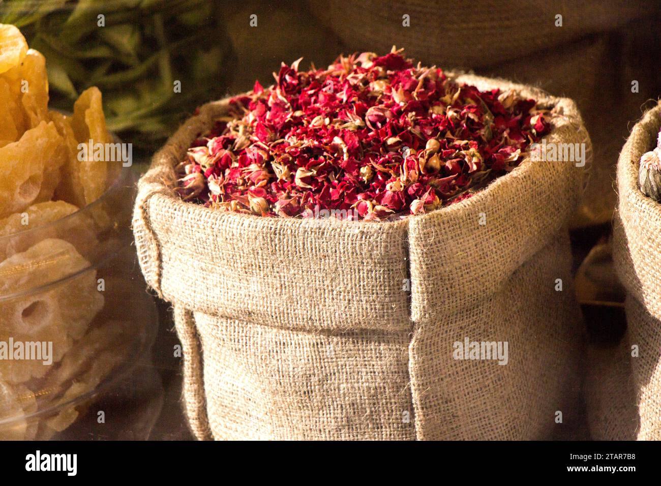 Dry herbal plants at in sacks at the market Stock Photo - Alamy