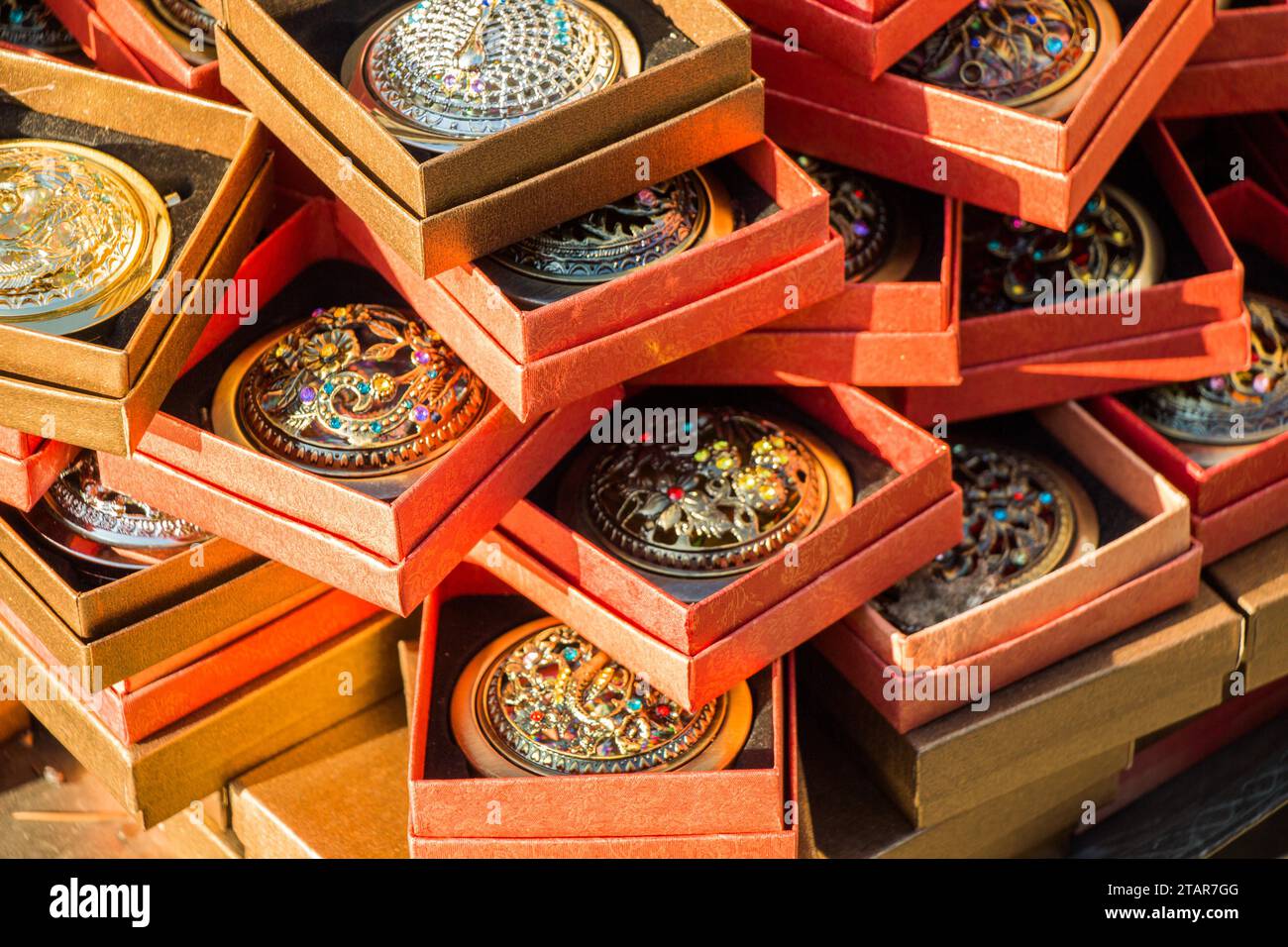 Set of round vintage pocket mirrors with a pattern Stock Photo - Alamy