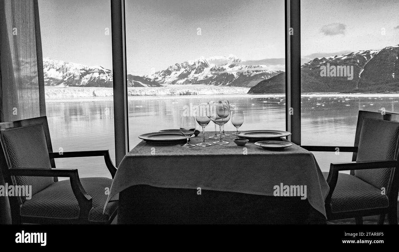 Empty restaurant cafe seats interior with panoramic windows at glacier ...