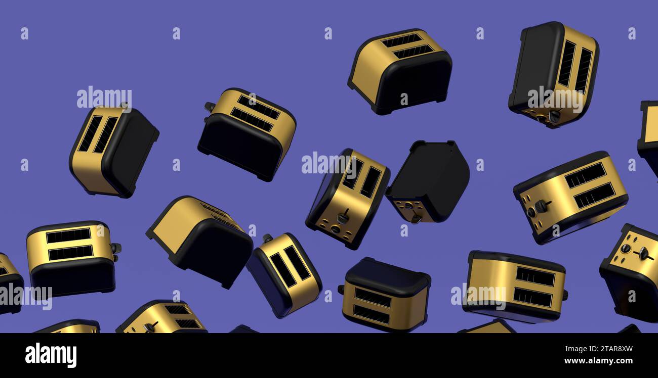 Many of flying stainless steel toaster for making toast bread on a ...