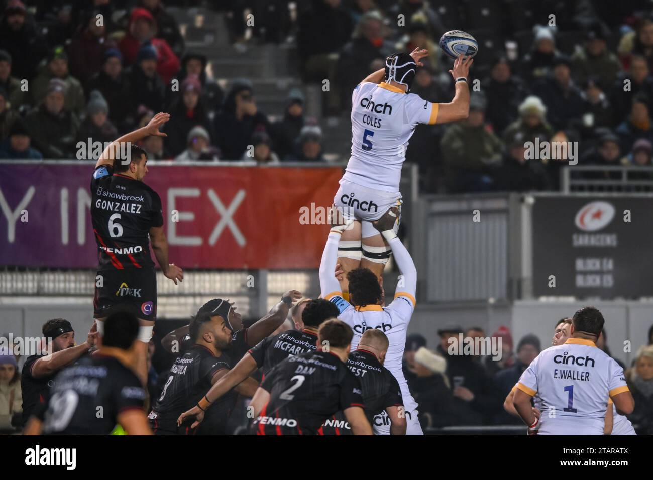 Alex Coles of Northampton Saints secures the line out ball during the ...