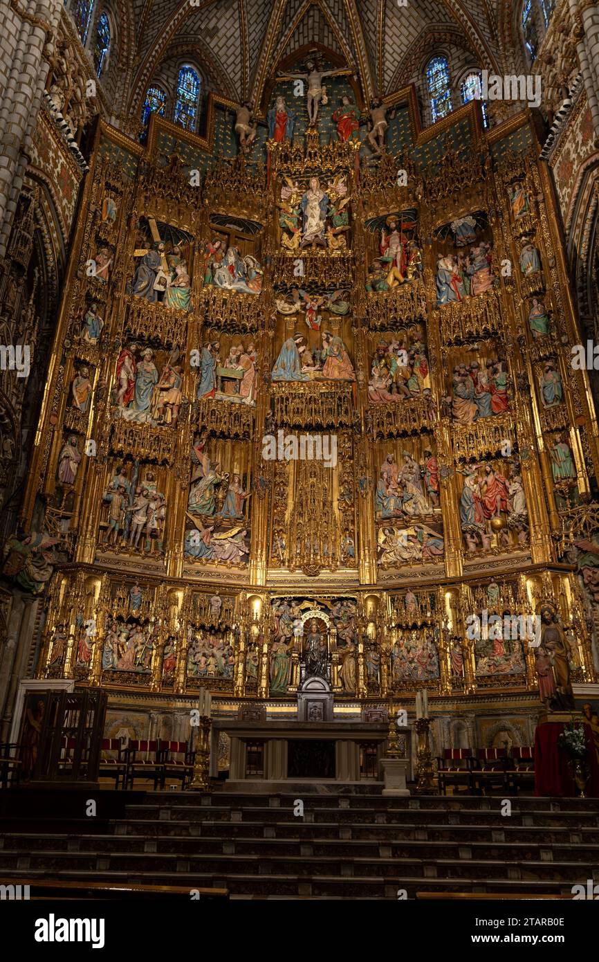 Toledo, Spain - March 18, 2023: Flowery Gothic style altarpiece, full ...