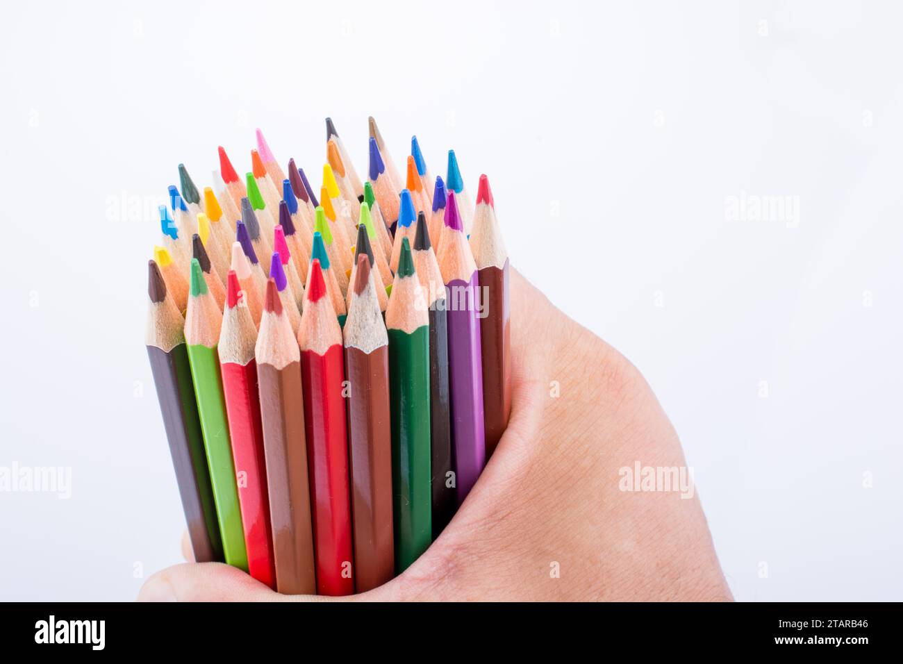 Hand holding Color Pencils on a white background Stock Photo - Alamy
