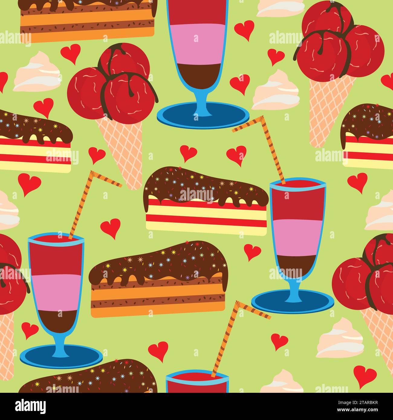 Ice cream cone and piece of cake with cocktail glasses seamless pattern ...