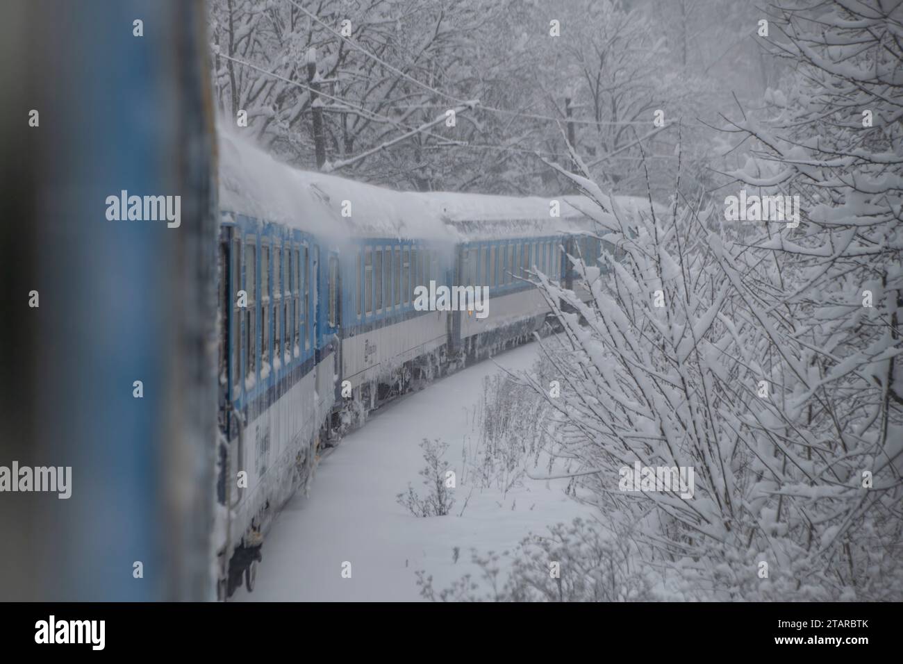 Electric trains near deep snowy forest in Chotycany CZ 12 02 2023 Stock Photo - Alamy