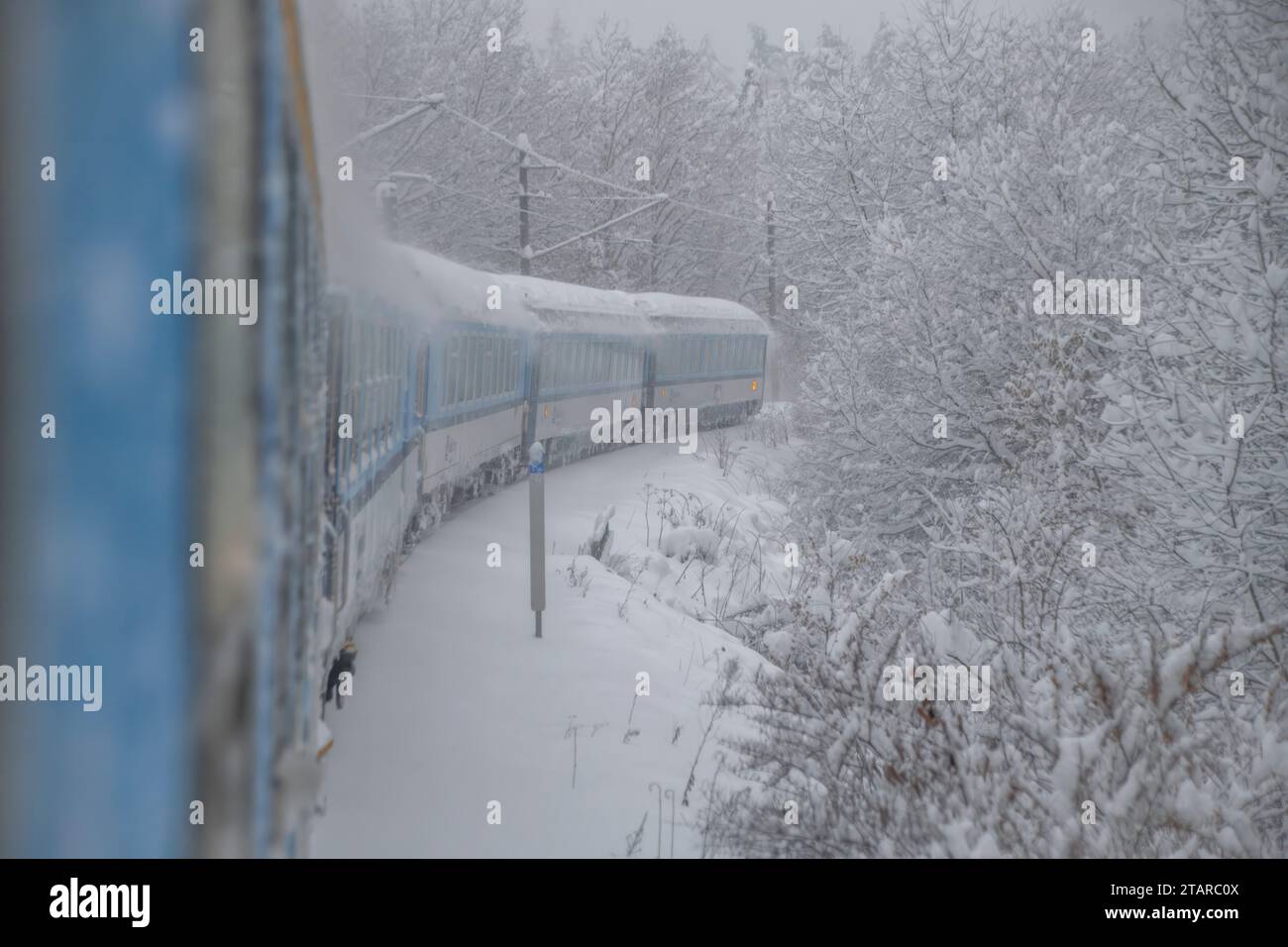 Electric trains near deep snowy forest in Chotycany CZ 12 02 2023 Stock Photo - Alamy