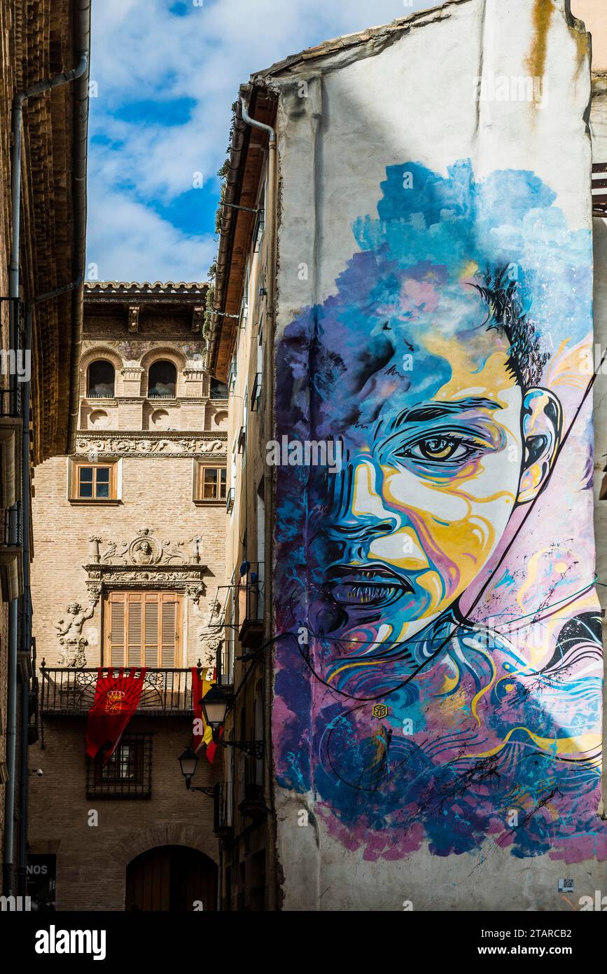 House wall with graffiti, mural, street art, Tudela, Navarra, Spain ...