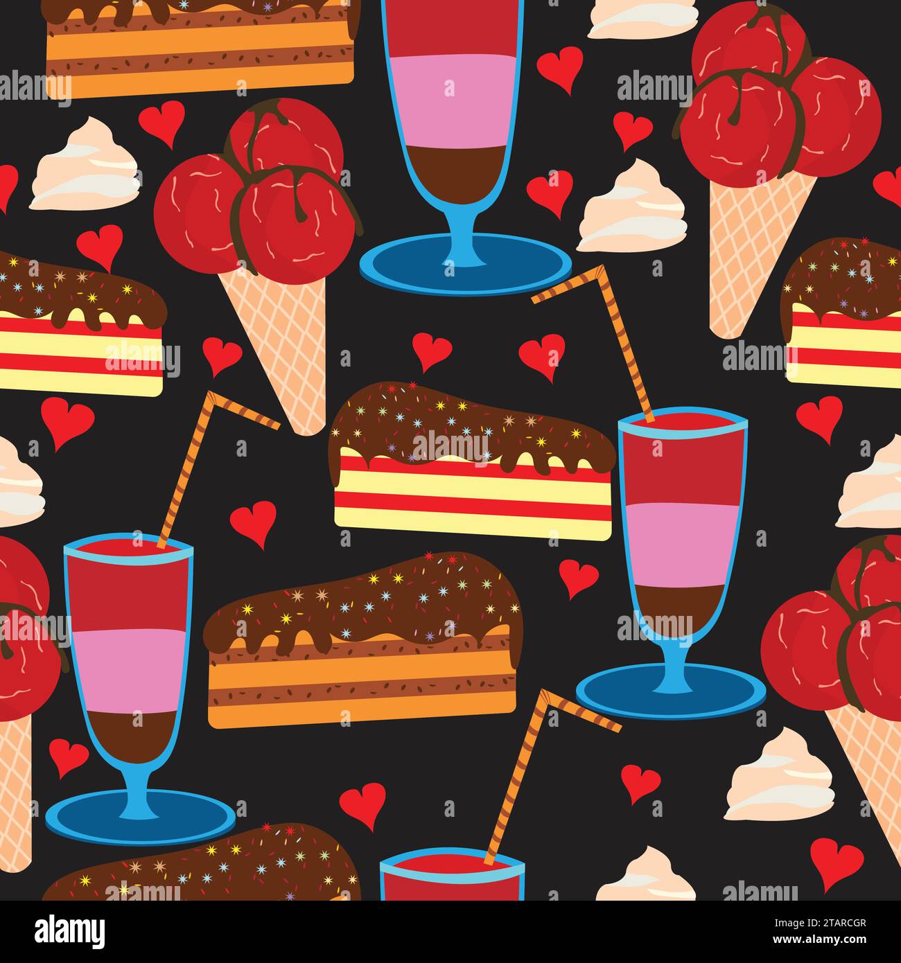 Ice cream cone and piece of cake with cocktail glasses seamless pattern ...