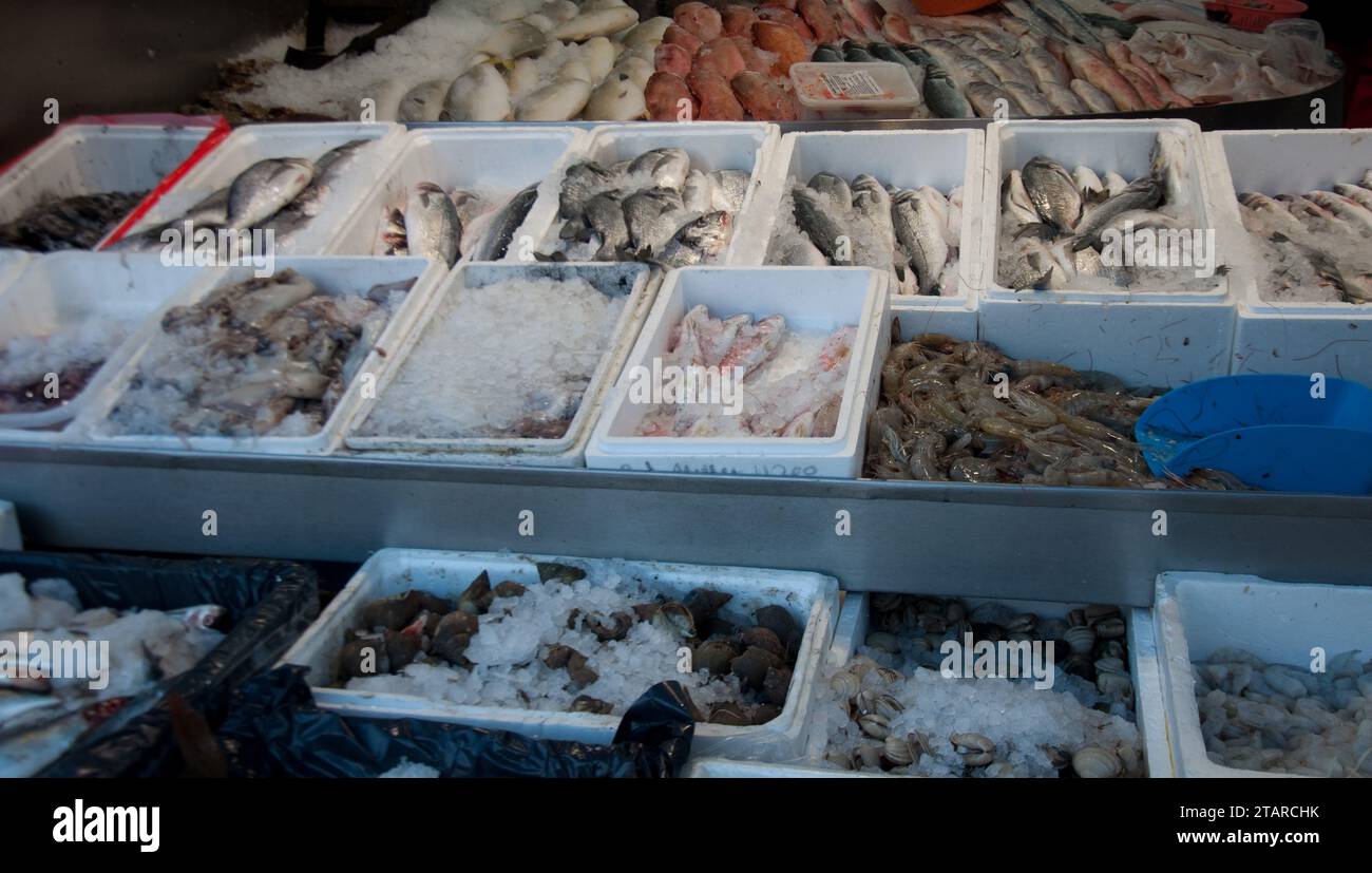 Fish stall with large selection of fish, Bethnal Green Road, Bethnal ...