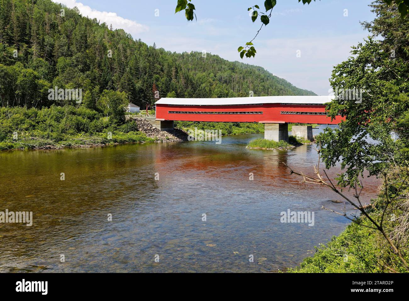 Red covered bridge over Matapedia River, Matapedia Valley, Province of ...
