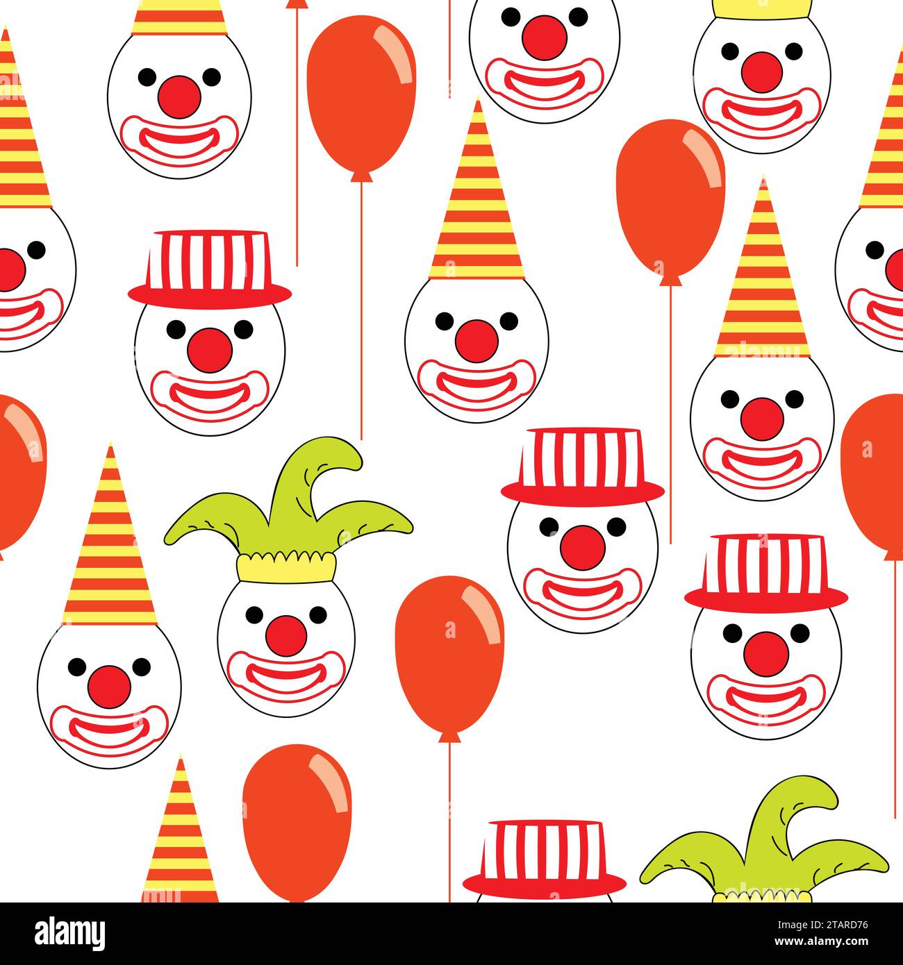 Seamless pattern with round clown faces with hats and baloons; funny ...
