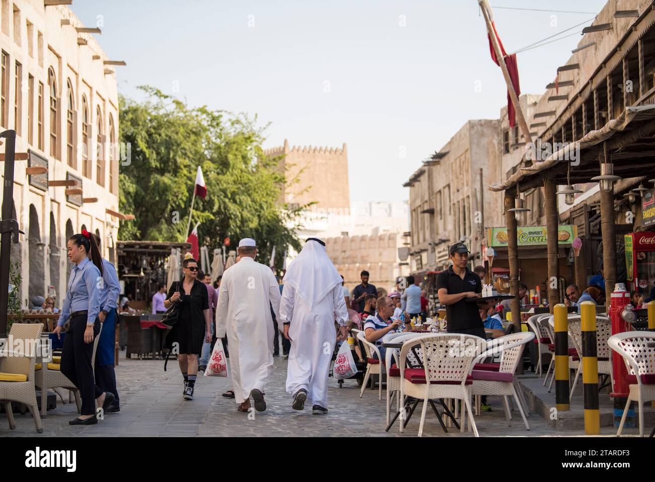 Doha, Qatar - March 05, 2019 :The streets of the traditional Arab market Wakif are crowded with ...