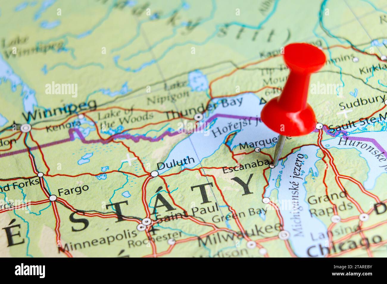 Escanaba, Michigan pin on map Stock Photo - Alamy
