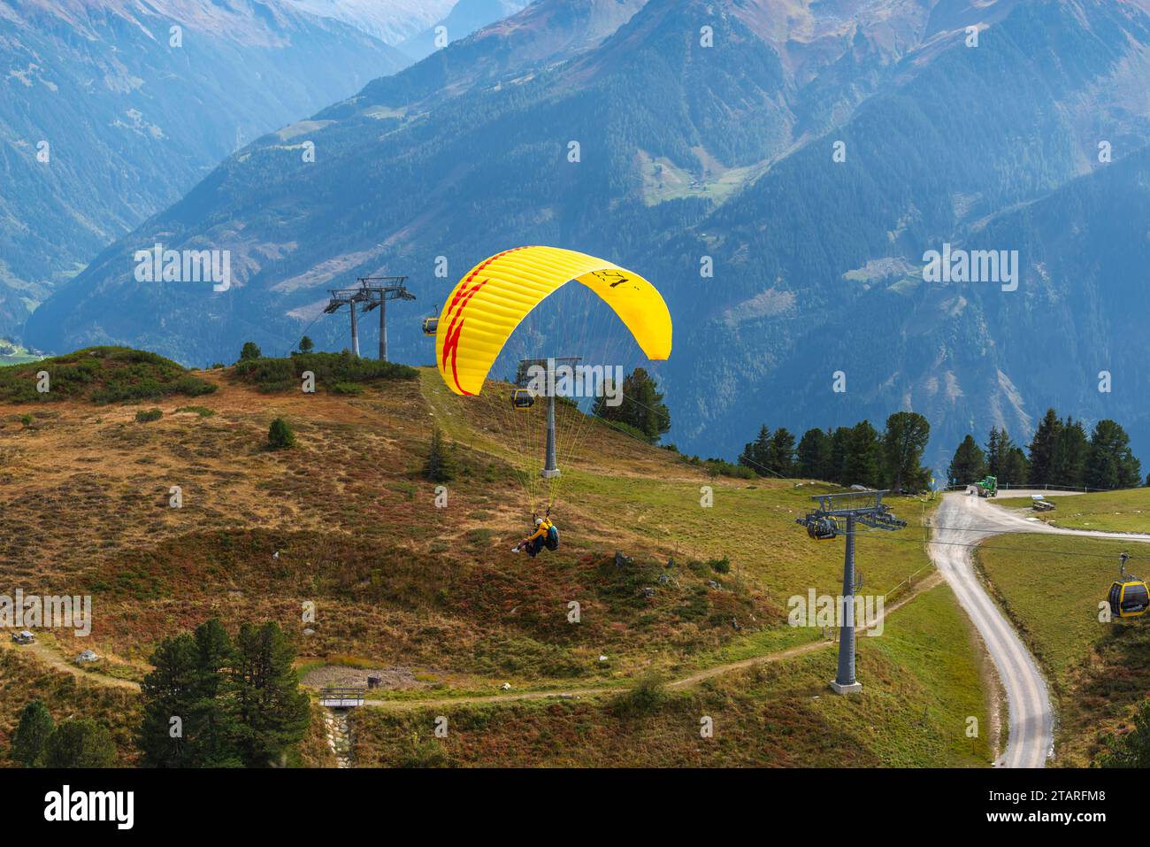 Tandem paragliding flight, Penken, Mayrhofen, Penkenbahn, Zillertal Alps, alpine pastures ...
