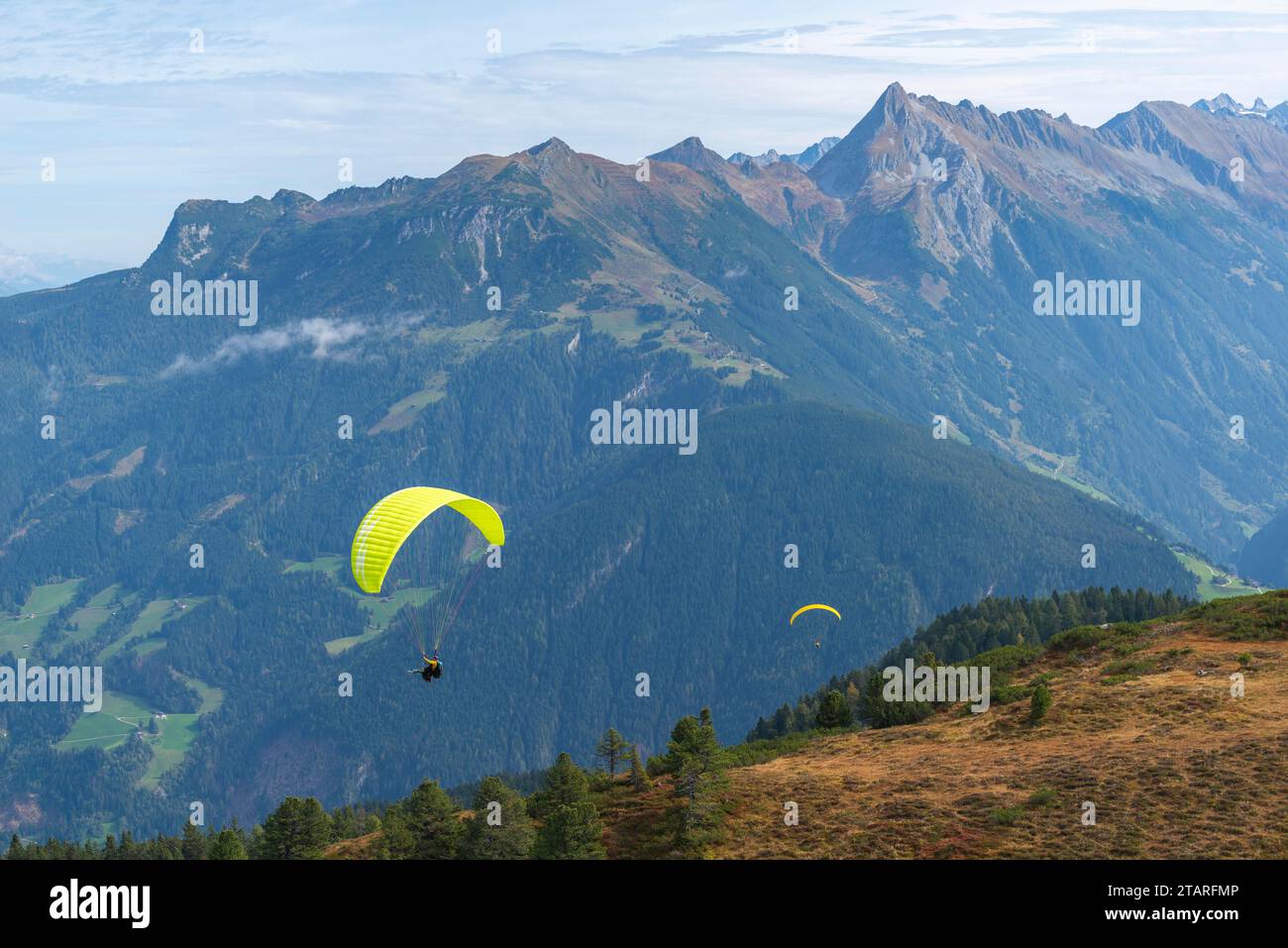 Tandem paragliding flight, Penken, Mayrhofen, Zillertal Alps, alpine pastures, alpine mountain ...