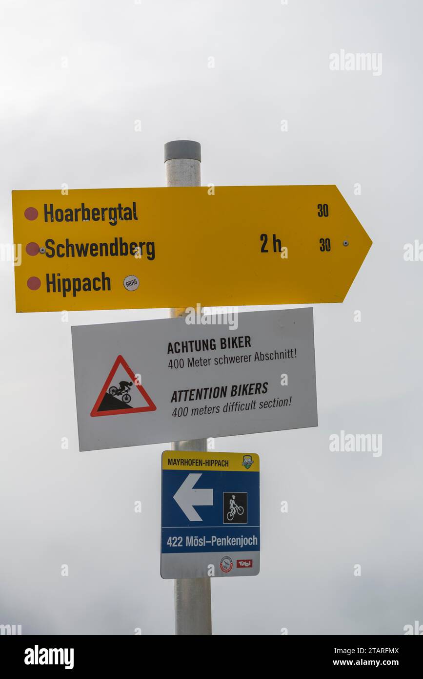 Signposts for bikers and hikers, warning, Penken, Penkenjoch (2) (095m ...