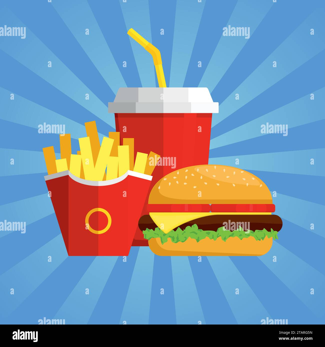 Lunch with Hamburger, French Fries and Soda on blue background. Group ...
